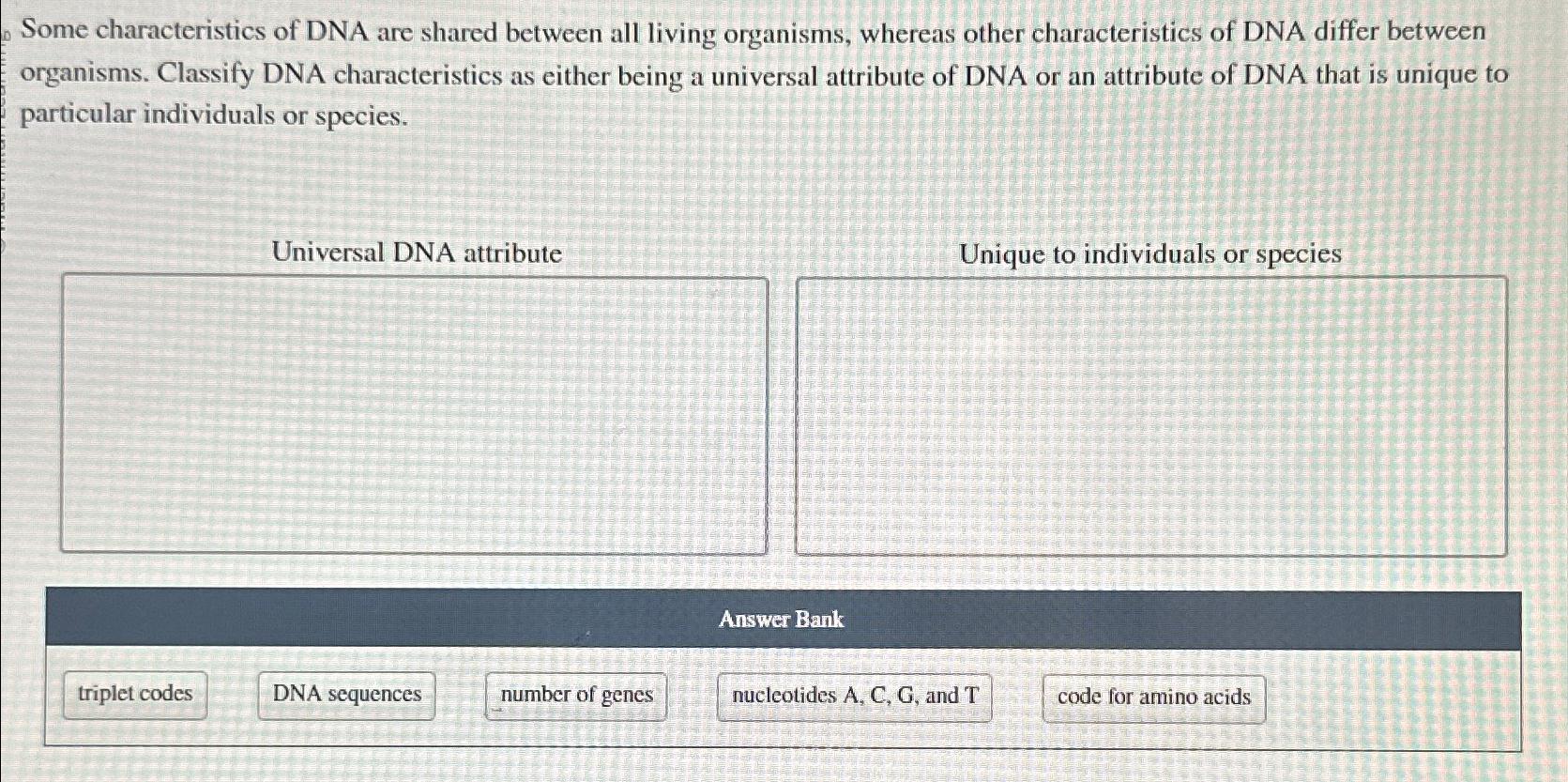 Solved Some characteristics of DNA are shared between all | Chegg.com