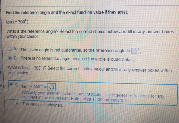 Solved Find the reference angle and the exact function value | Chegg.com