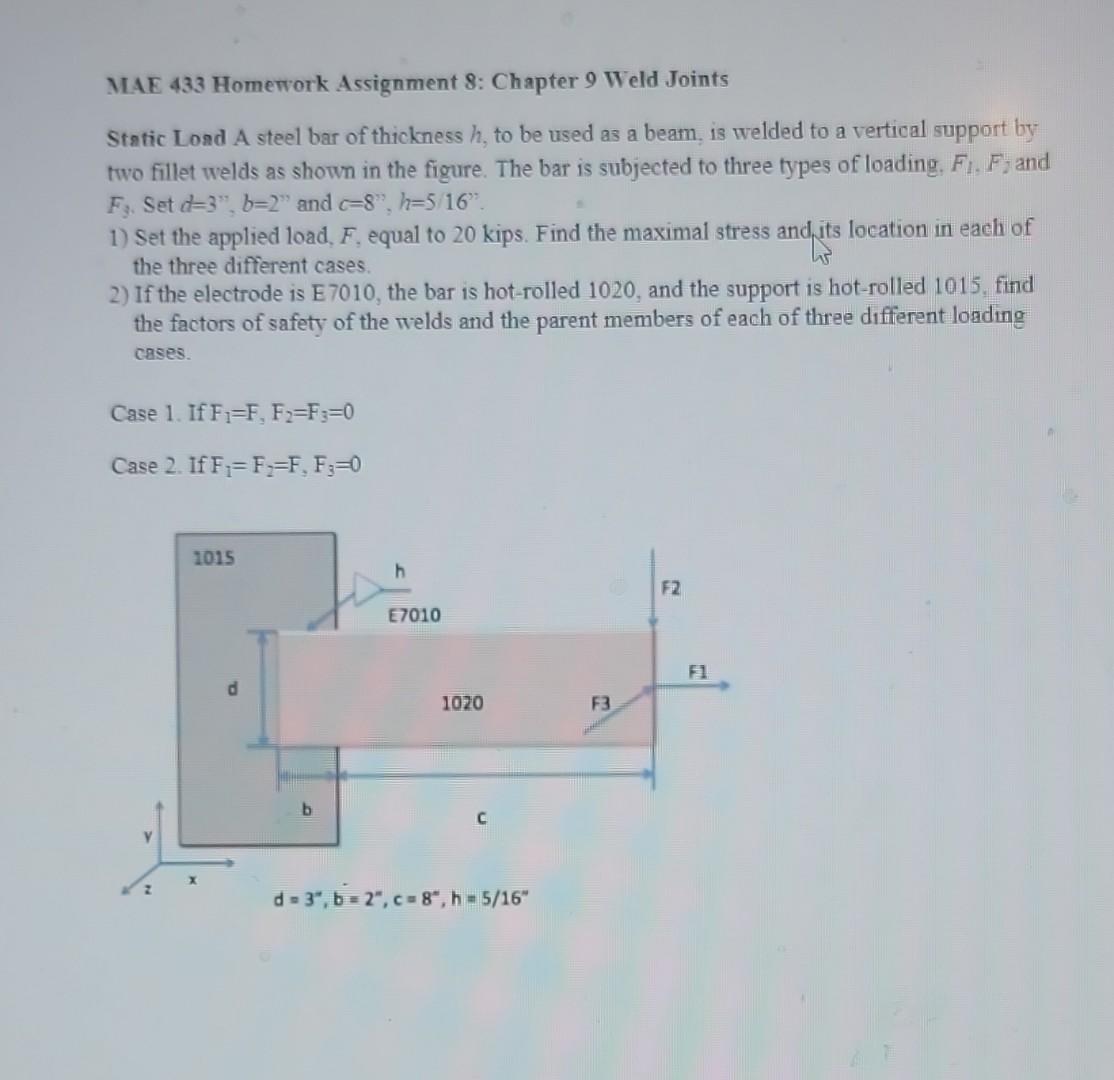 Solved MAE 433 Homework Assignment 8: Chapter 9 Weld Joints | Chegg.com