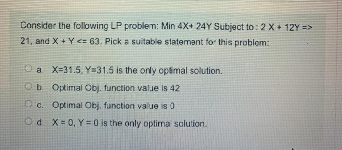 Solved Consider the following LP problem: Min 4X+ 24Y | Chegg.com
