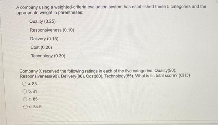 Solved A company using a weighted-criteria evaluation system | Chegg.com