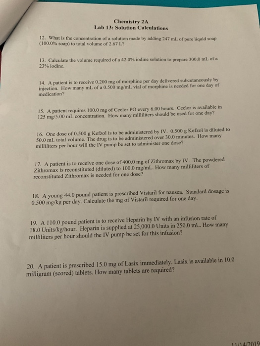 Chemistry 2A Lab 13: Solution Calculations | Chegg.com