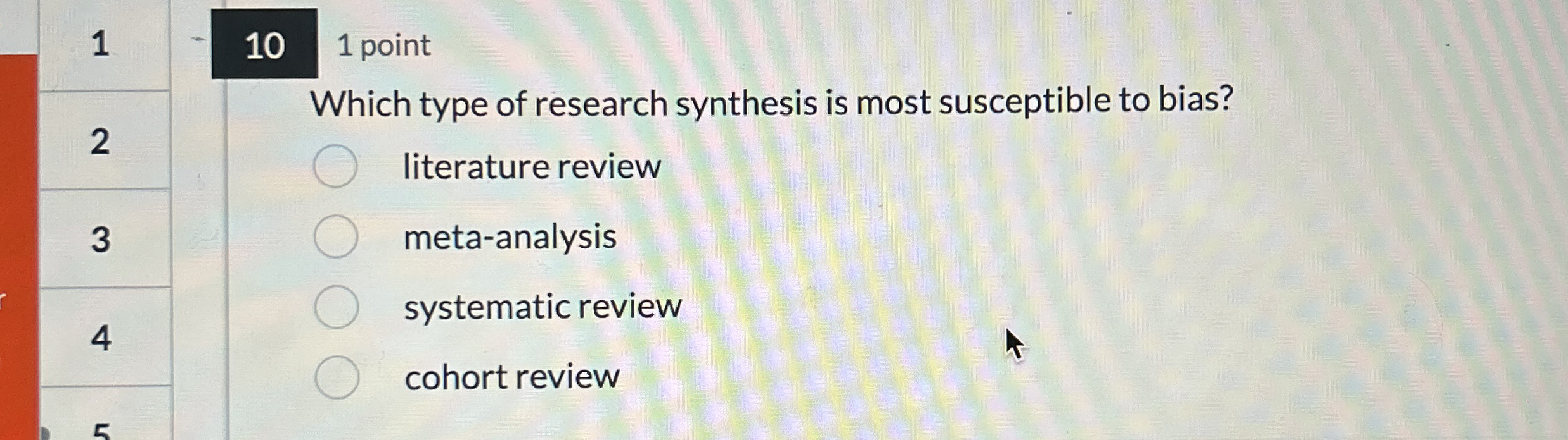 Solved 101 ﻿pointWhich type of research synthesis is most | Chegg.com