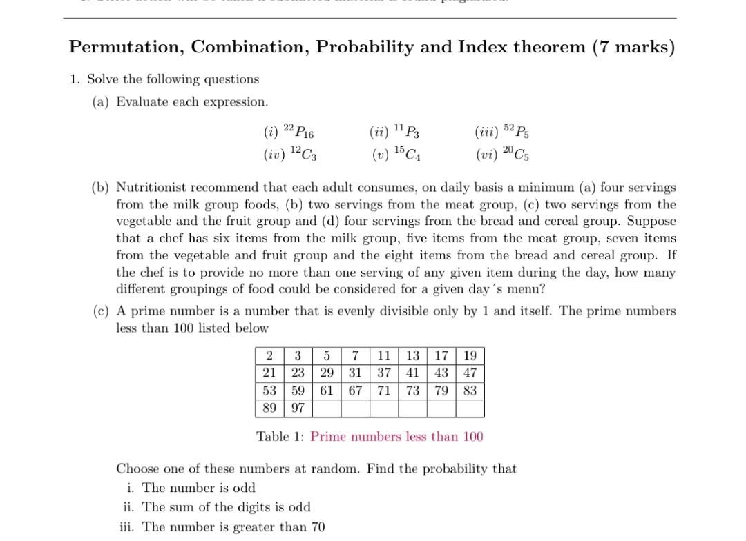 Solved Permutation, Combination, Probability and Index | Chegg.com