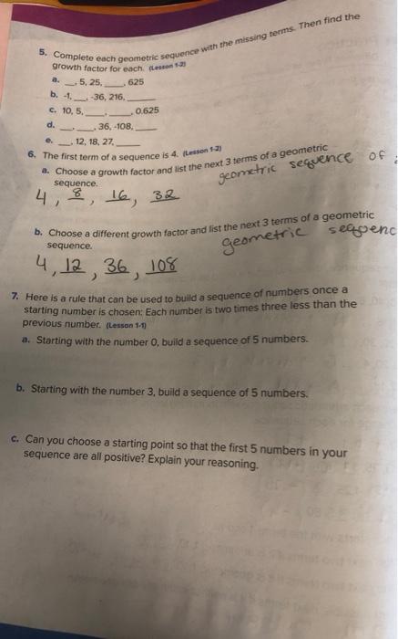 Solved 5. Complete each geometric sequence with the missing | Chegg.com