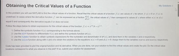 Solved Obtaining the Critical Values of a Function In this | Chegg.com