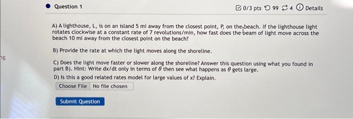 Solved A) A lighthouse, L, is on an island 5mi away from the | Chegg.com