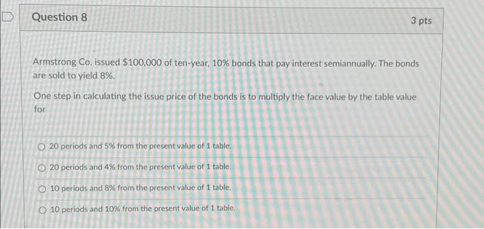 Solved Question 8 3 pts Armstrong Co. issued $100,000 of | Chegg.com