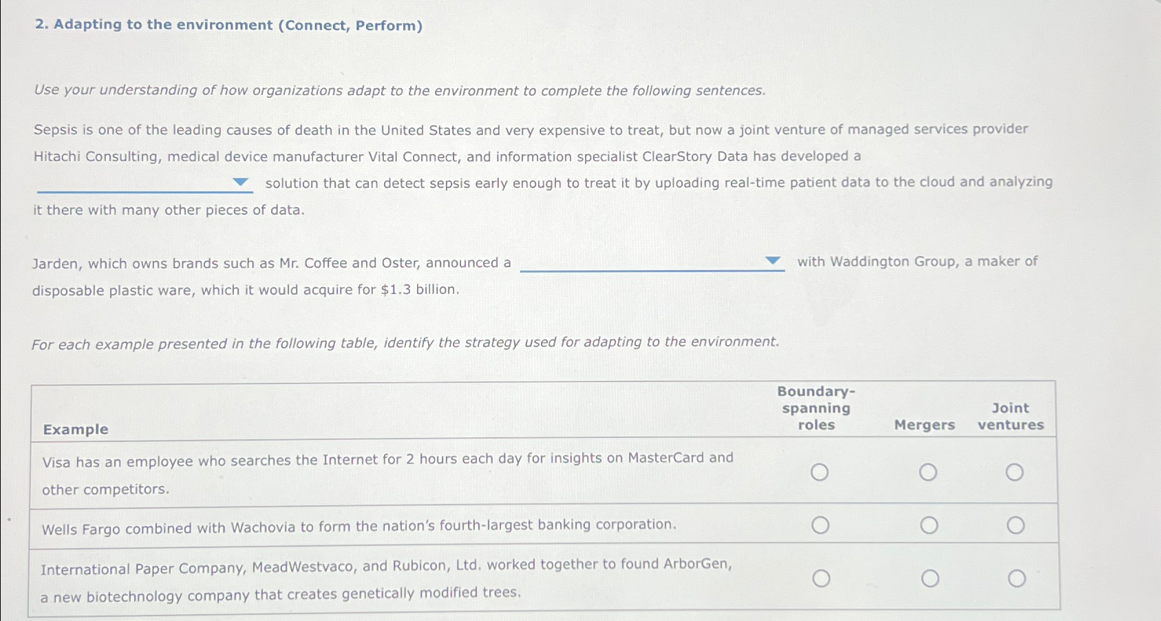 Solved Adapting to the environment (Connect, ﻿Perform)Use | Chegg.com