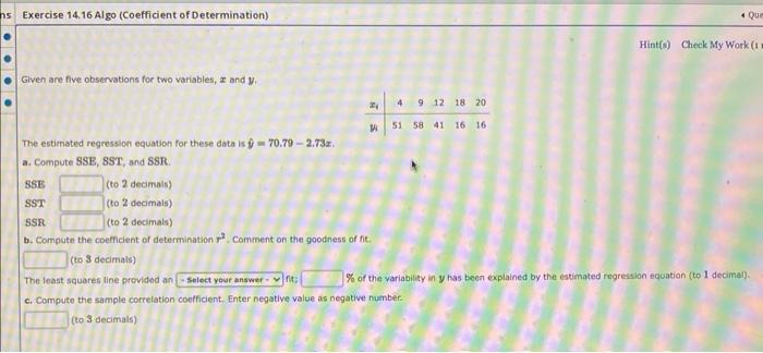 Solved hs Exercise 14.16 Algo (Coefficient of Determination) | Chegg.com