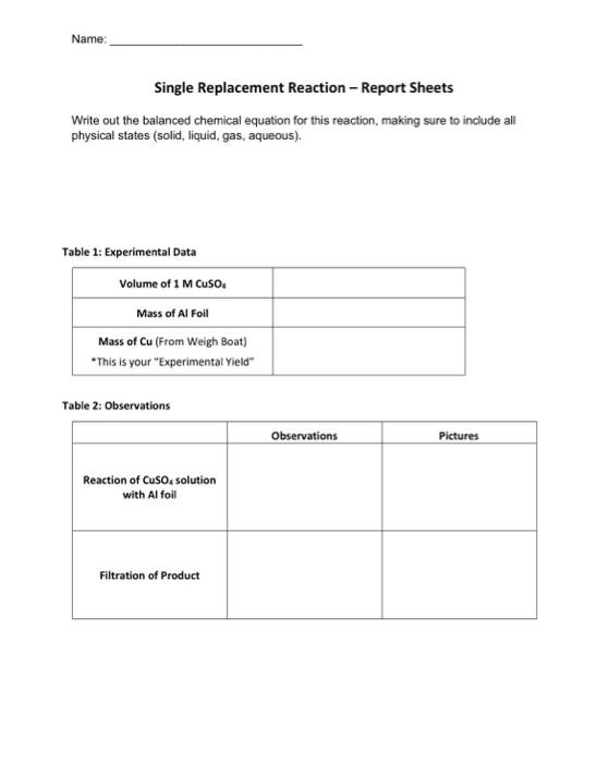 Name: Single Replacement Reaction - Report Sheets | Chegg.com