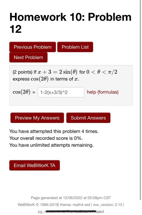 Solved Homework 10: Problem 12 (2 points) If x+3=2sin(θ) for | Chegg.com