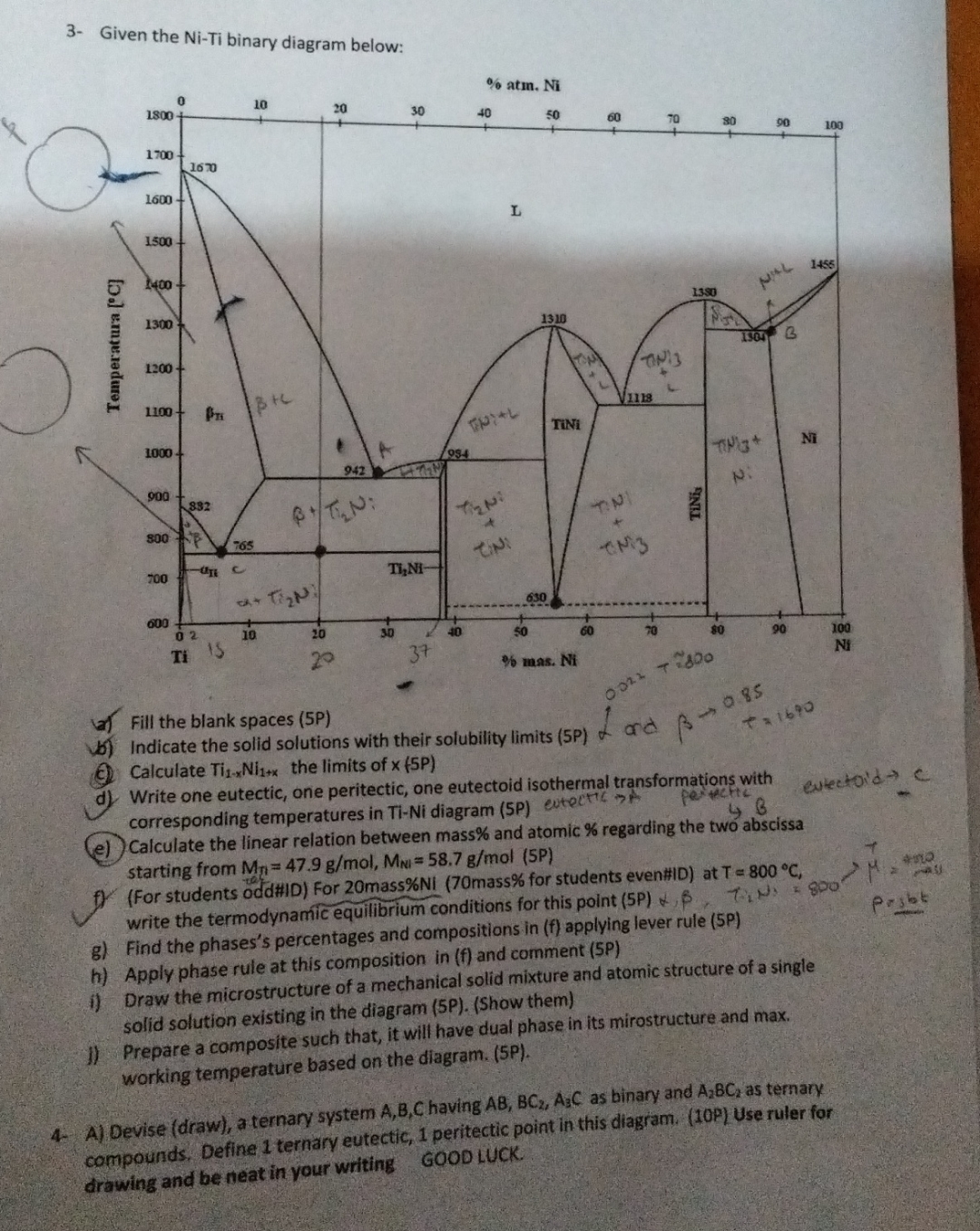 Solved 3- ﻿Given the Ni-Ti binary diagram below:% ﻿atm. Nia) | Chegg.com