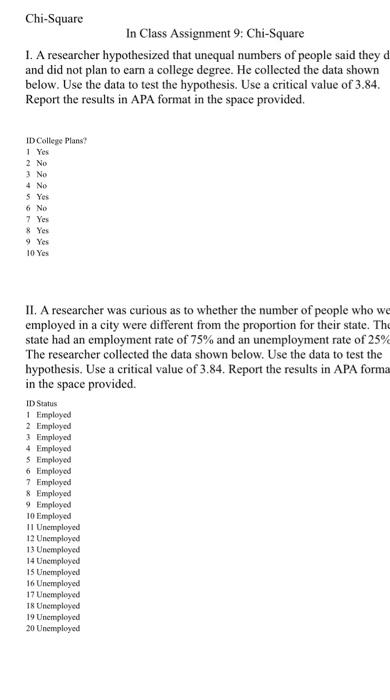 Solved In Class Assignment 9; Chi-Square 1. A researcher | Chegg.com