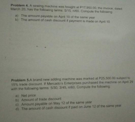 Solved Problem 4. A sewing machine was bought at P17.950.00. | Chegg.com