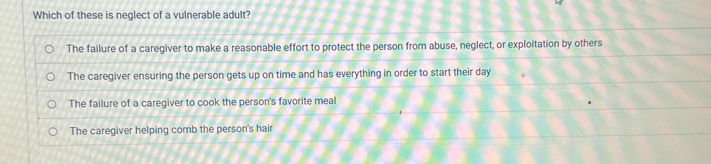 Solved Which of these is neglect of a vulnerable adult?The | Chegg.com