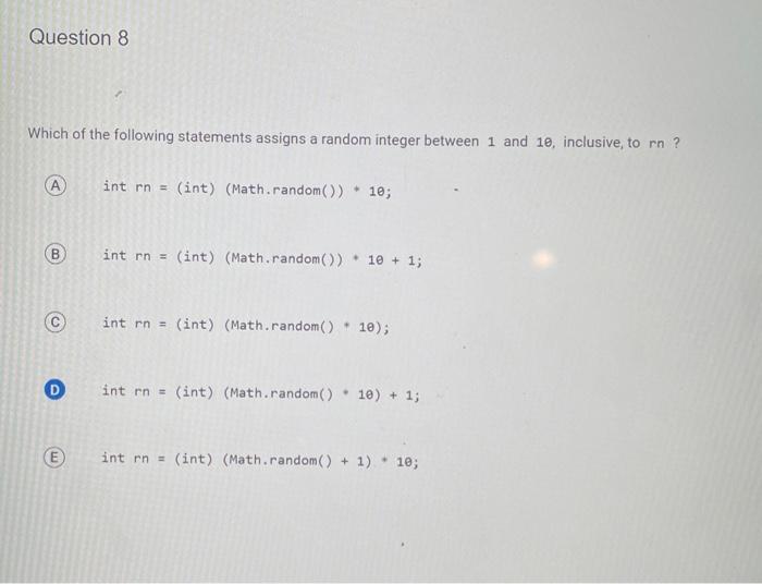 Solved Which of the following statements assigns a random | Chegg.com