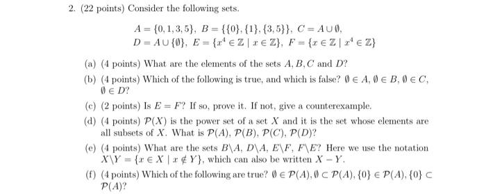 Solved 2. ( 22 points) Consider the following sets. | Chegg.com