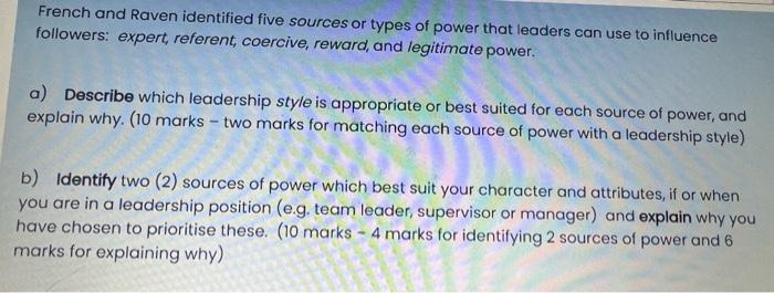 Solved French and Raven identified five sources or types of | Chegg.com