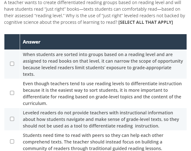 Solved A teacher wants to create differentiated reading | Chegg.com