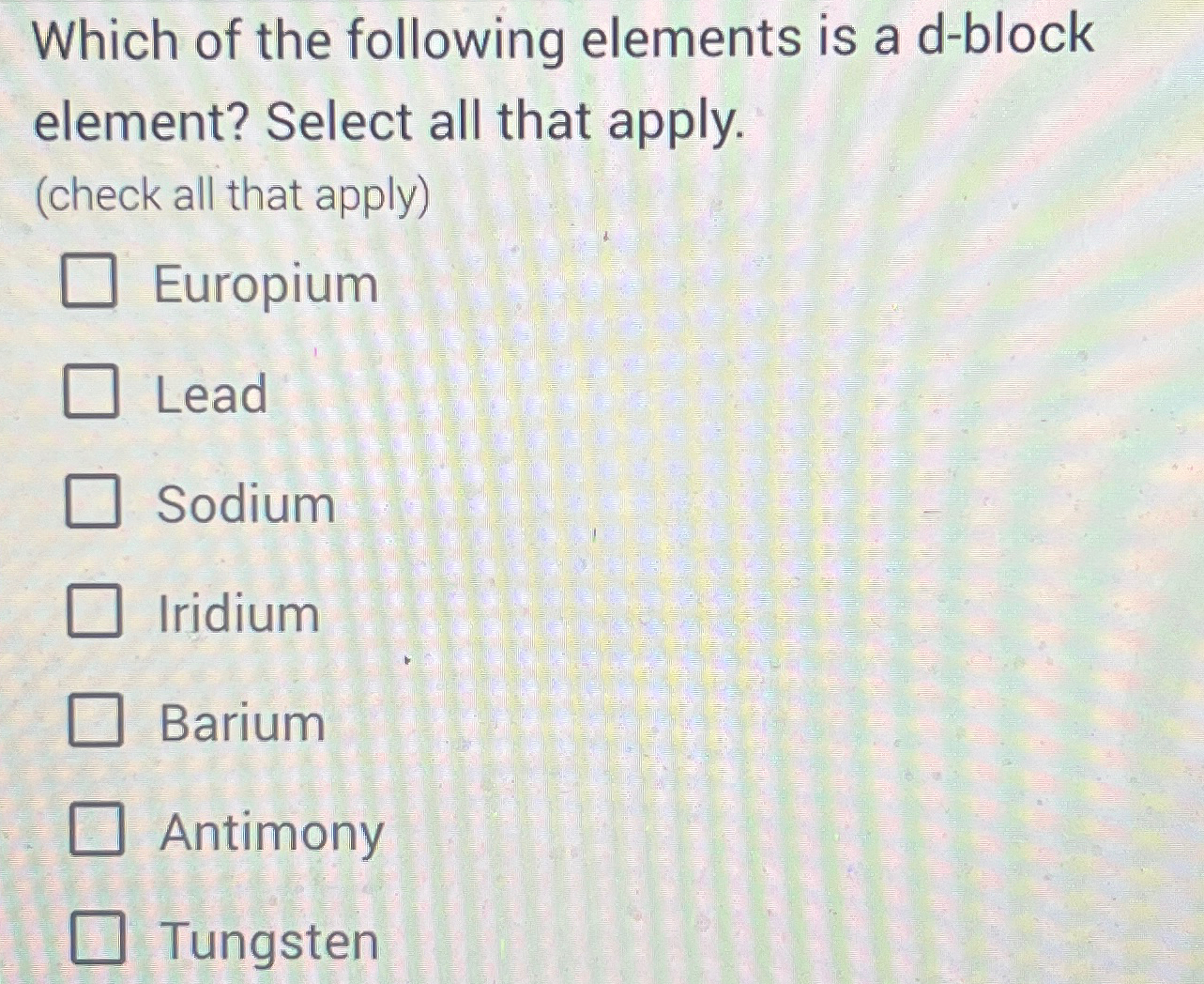 Solved Which of the following elements is a d-block element? | Chegg.com