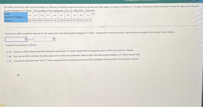 Construct a 90% prediction interval for the sales | Chegg.com