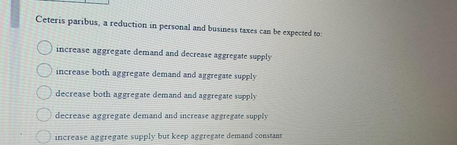 Solved Ceteris paribus, a reduction in personal and business | Chegg.com