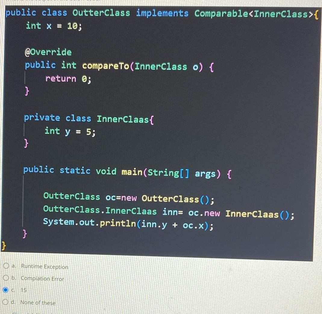 public class Outterclass implements Comparable | Chegg.com