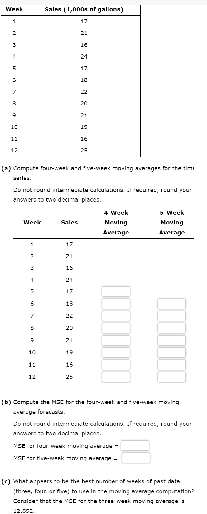 Solved (a) ﻿Compute four-week and five-week moving averages | Chegg.com