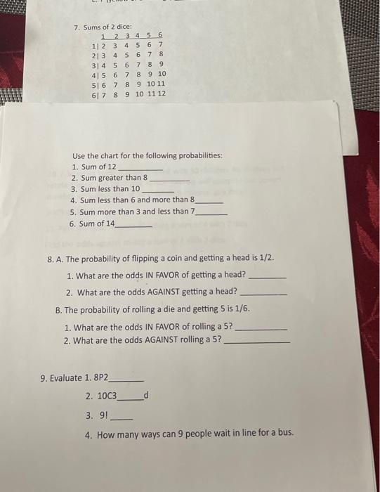Solved Use the chart for the following probabilities: 1. Sum | Chegg.com