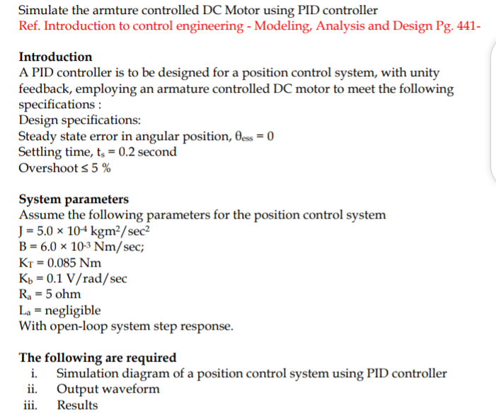 Solved Simulate the armture controlled DC Motor using PID | Chegg.com