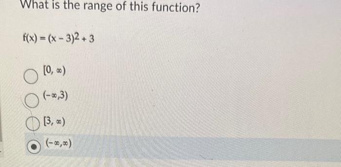 Solved What is the range of this function? f(x)=(x−3)2+3 | Chegg.com