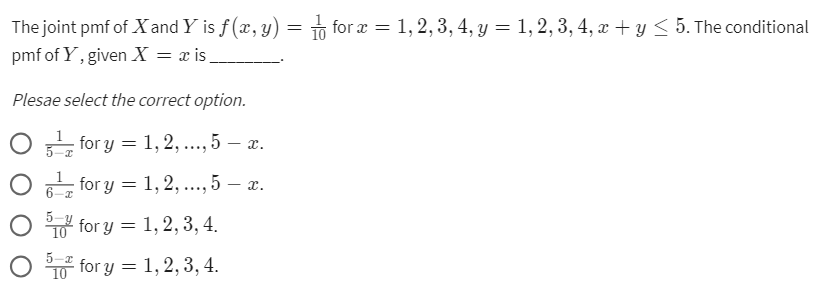 Solved The joint pmf of x ﻿and Y ﻿is f(x,y)=110 ﻿for | Chegg.com