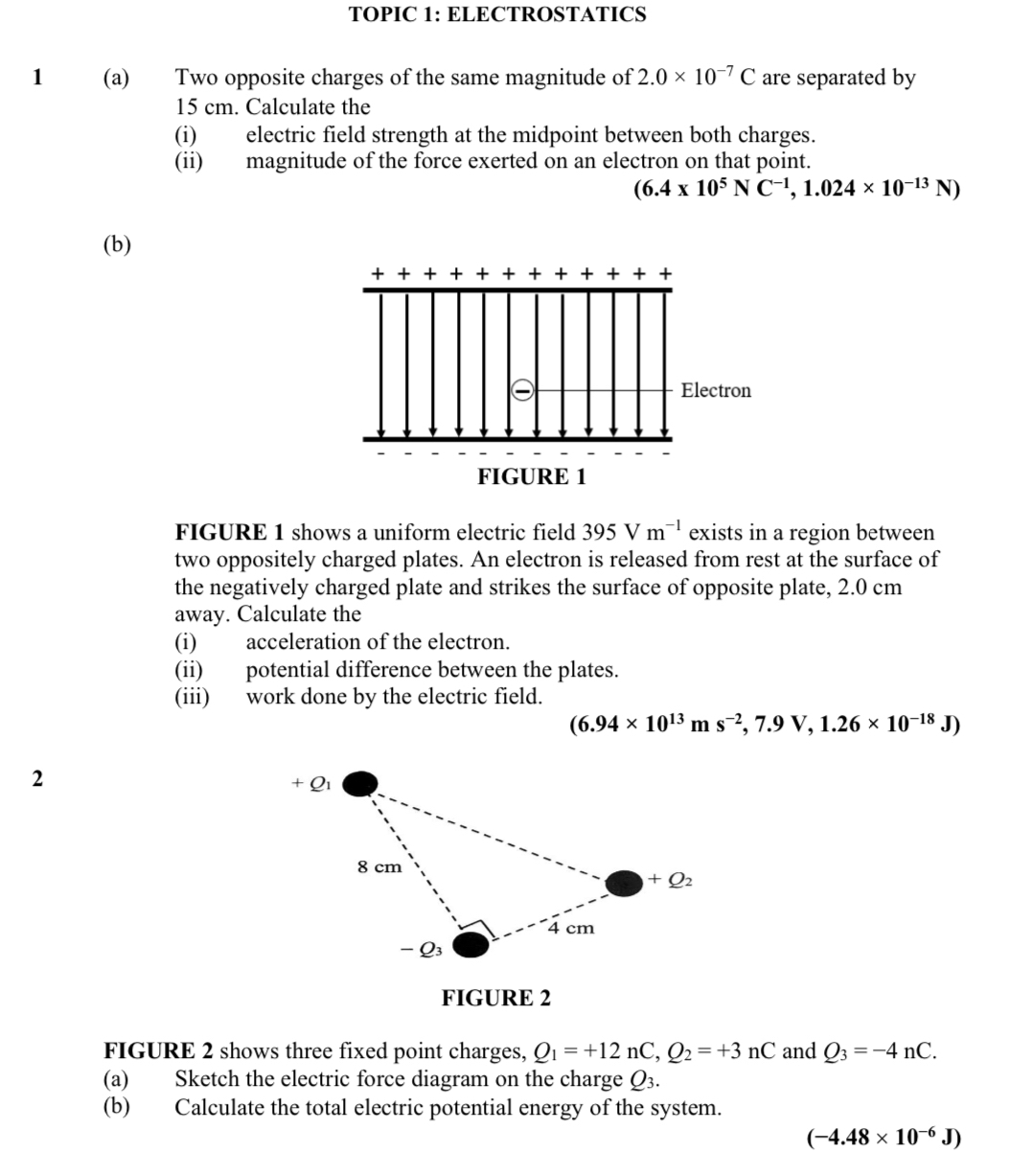 Solved TOPIC 1: ELECTROSTATICS1 (a) ﻿Two opposite charges of | Chegg.com