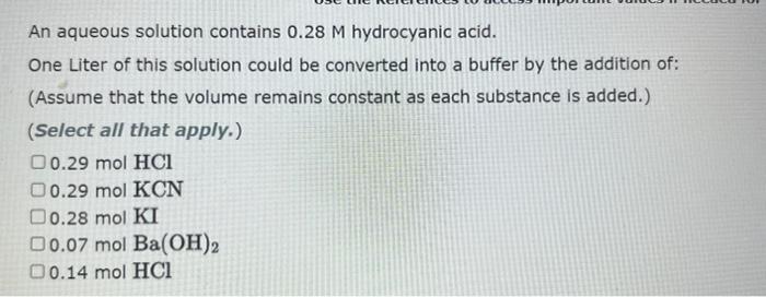 Solved An aqueous solution contains 0.28M hydrocyanic acid. | Chegg.com