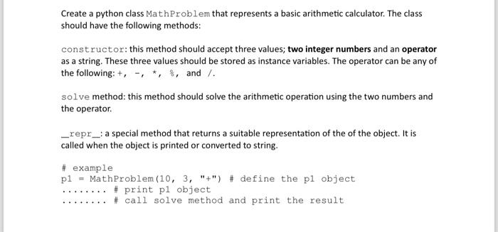 Solved Create a python class MathProblem that represents a | Chegg.com
