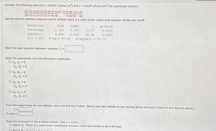 Solved Consider the following data on x= rainfall volume | Chegg.com