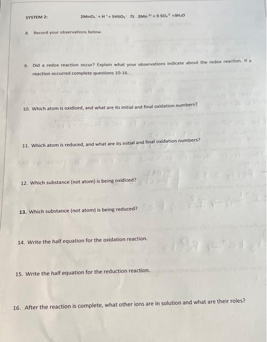 Solved SYSTEM 2: 2MnO4∗+H∗+5HSO2−=2MnnH+5SO3+3H1O 8. Record | Chegg.com