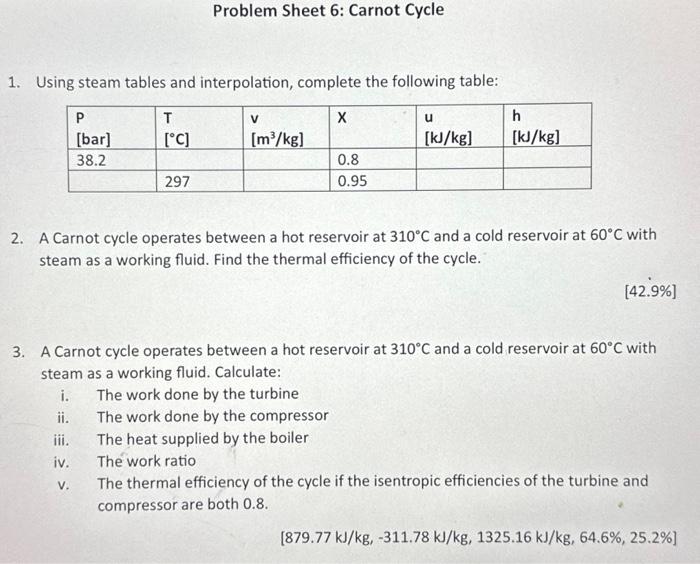 Problem Sheet 6: Carnot Cycle 1. Using steam tables | Chegg.com
