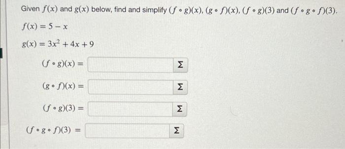 Solved Given f(x) and g(x) below, find and simplify | Chegg.com