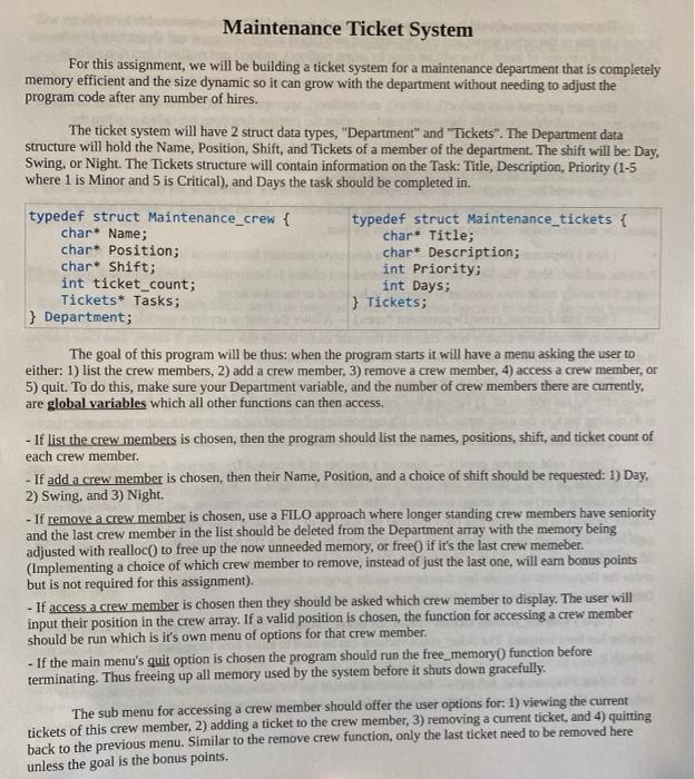Maintenance Ticket System For this assignment, we | Chegg.com
