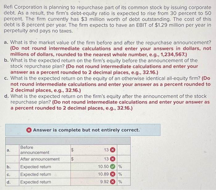 Solved Refi Corporation is planning to repurchase part of | Chegg.com