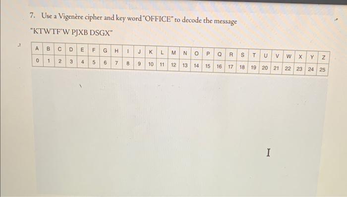 Solved 7. Use a Vigenère cipher and key word "OFFICE" to | Chegg.com
