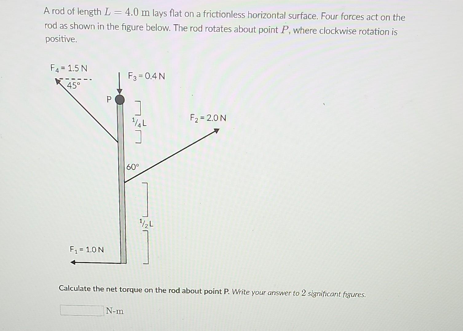 Solved A rod of length L=4.0 m lays flat on a frictionless | Chegg.com