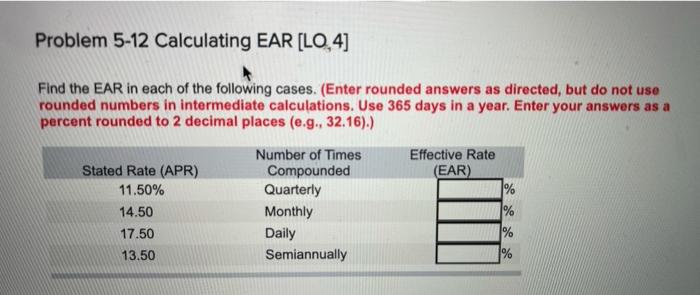 Solved Problem 5-12 Calculating EAR (LO,4] Find the EAR in | Chegg.com