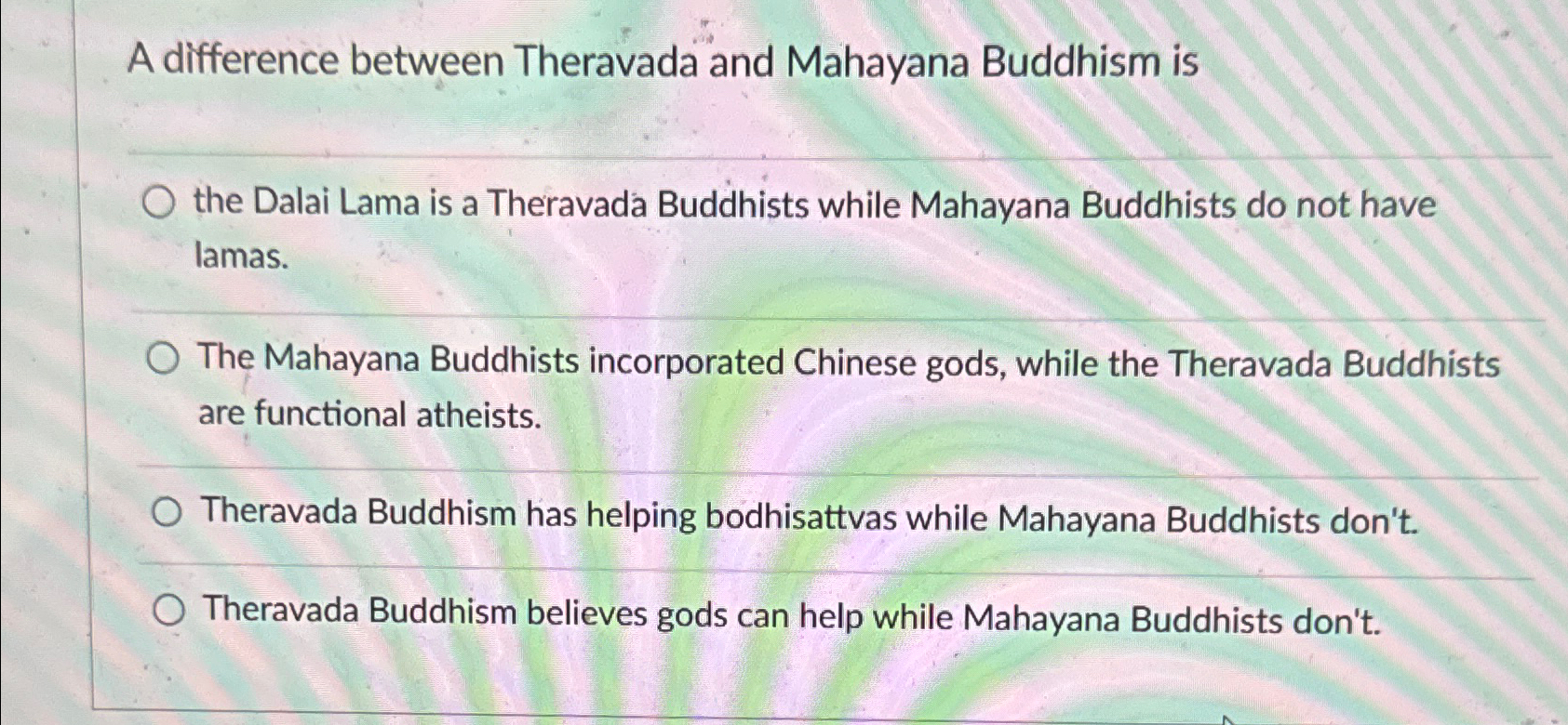 Solved A difference between Theravada and Mahayana Buddhism | Chegg.com