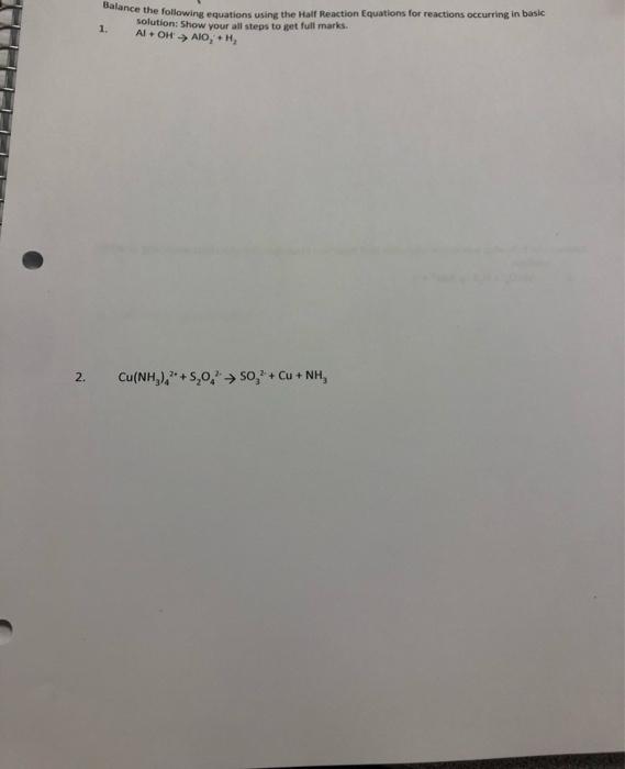 Solved 2. Balance the following equations using the Half | Chegg.com