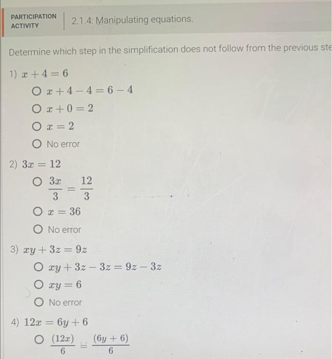 Solved PARTICIPATION 2.1.4: Manipulating equations. ACTIVITY | Chegg.com
