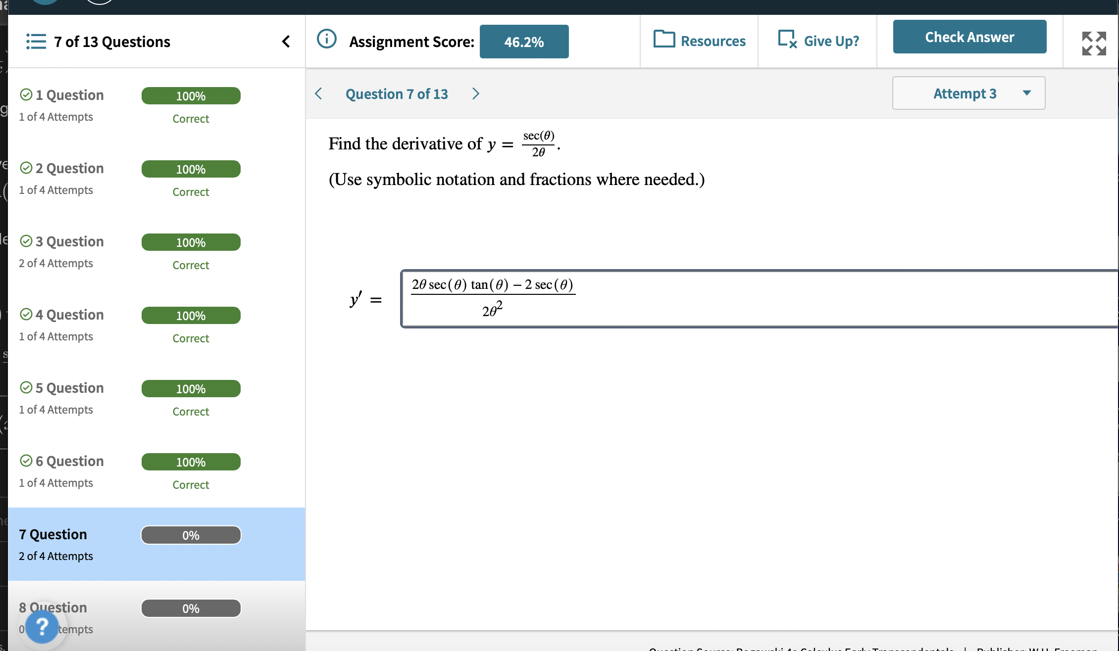 Solved Find the derivative of y=sec(θ)2θ.(Use symbolic | Chegg.com