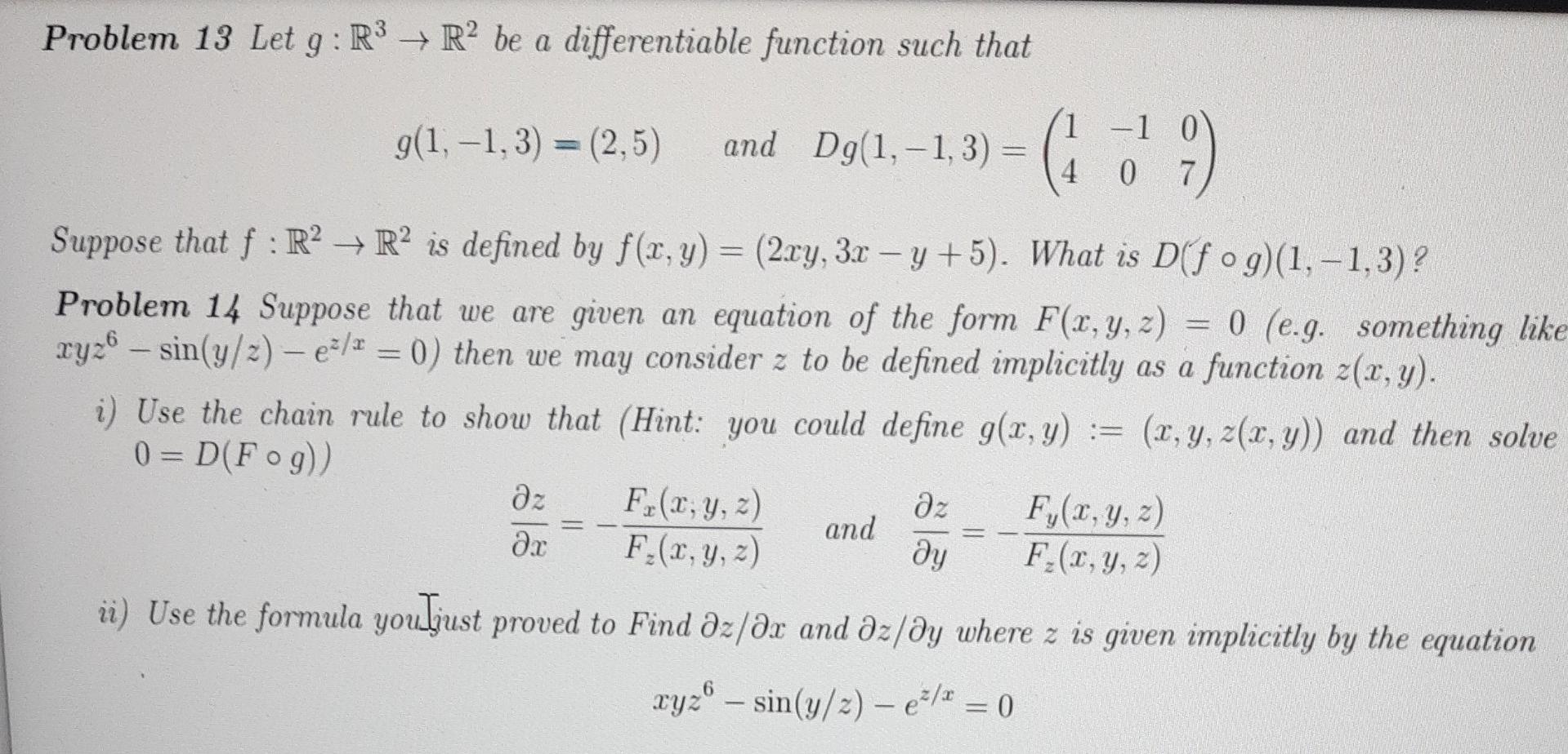 Solved Problem 13 Let g:R3→R2 be a differentiable function | Chegg.com